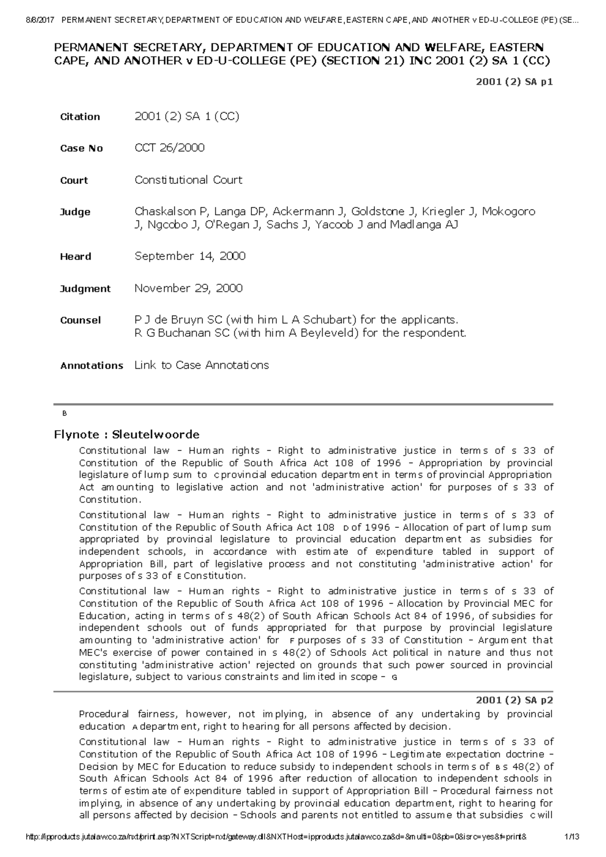 Permanent Secretary v Ed-U-College (PE) (Section 21) 2001 CC Case ...