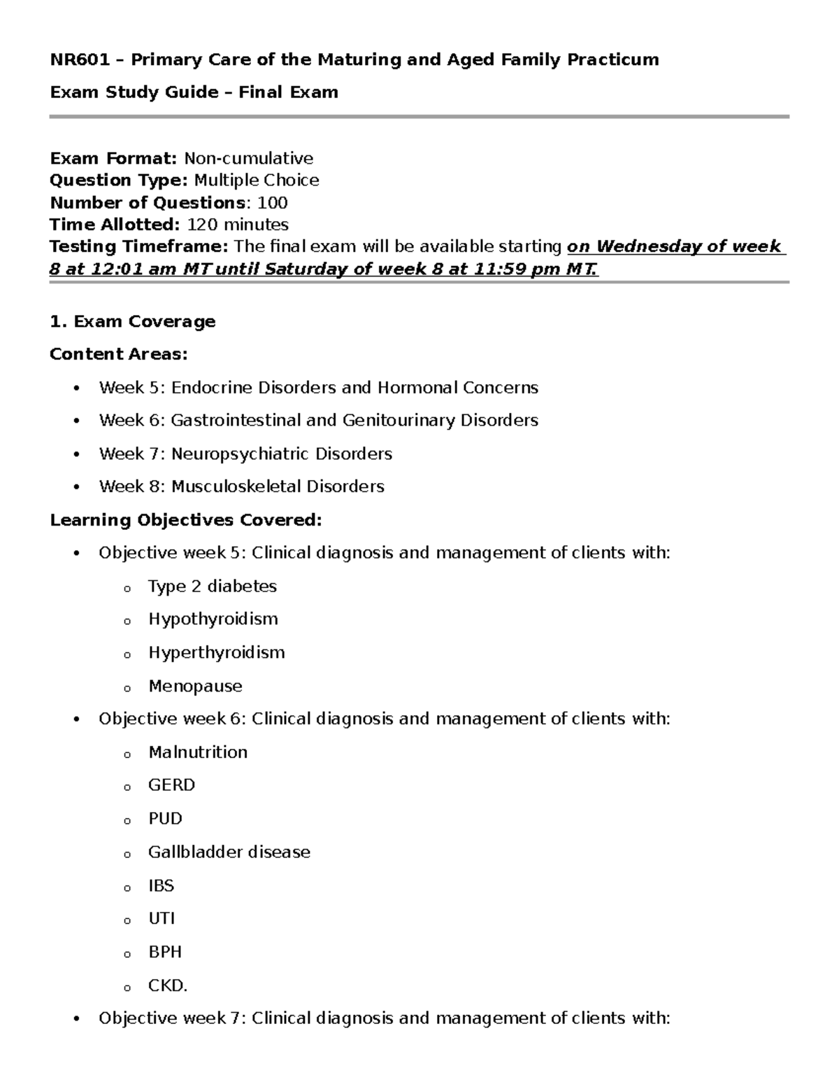 NR601 Final Exam Study Guide: Primary Care for Aging Families - Studocu
