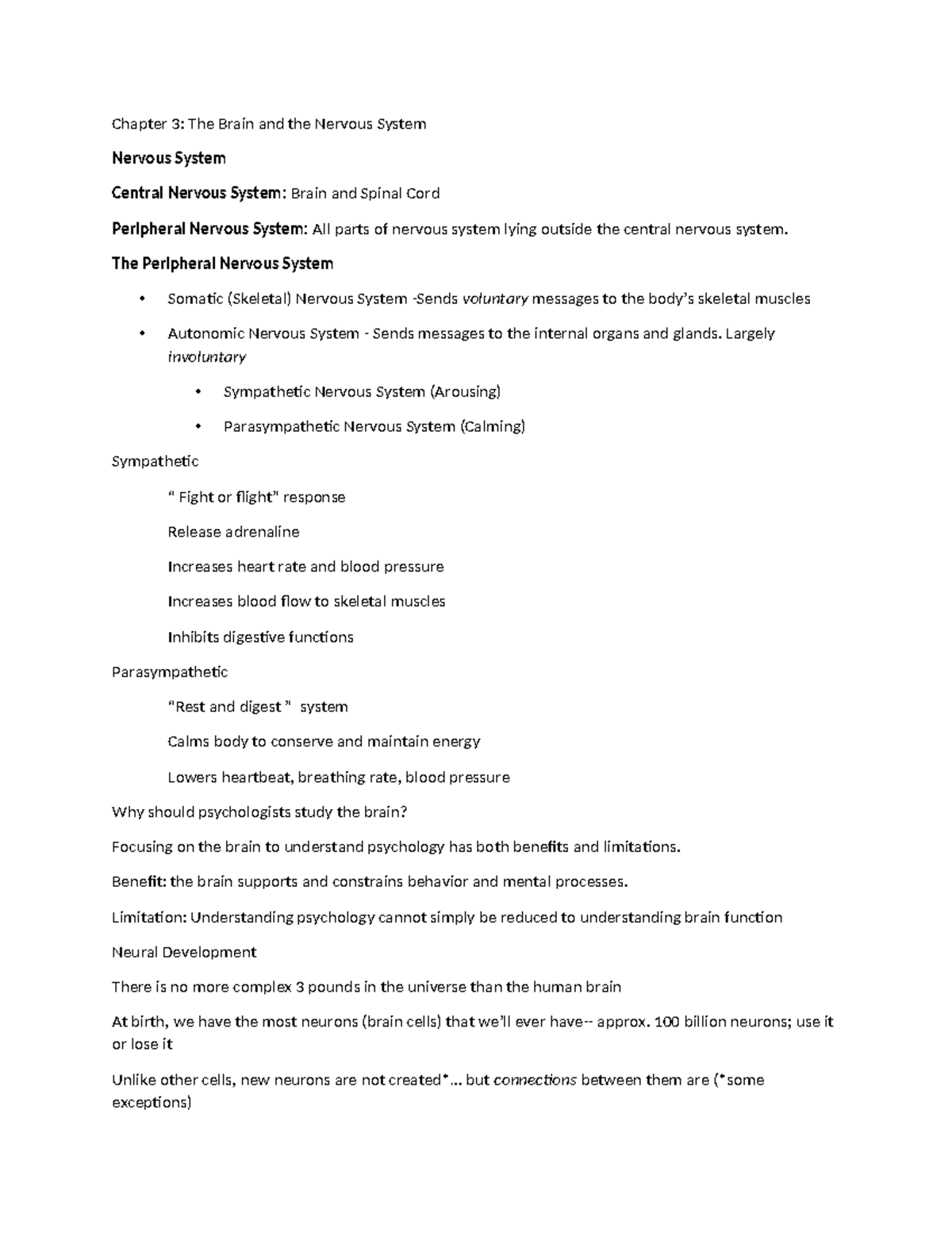 Psychology 101 Chapter 3 Overview Of Brain Nervous System Studocu