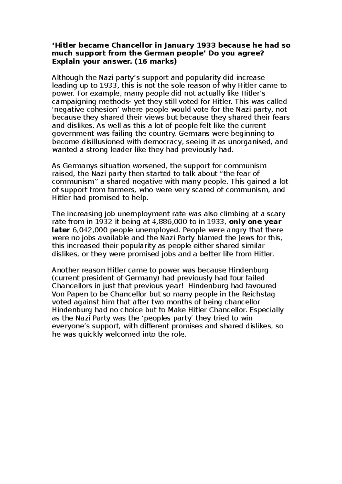 The Rise of Hitler: Analyzing Factors for Chancellor Role - Studocu