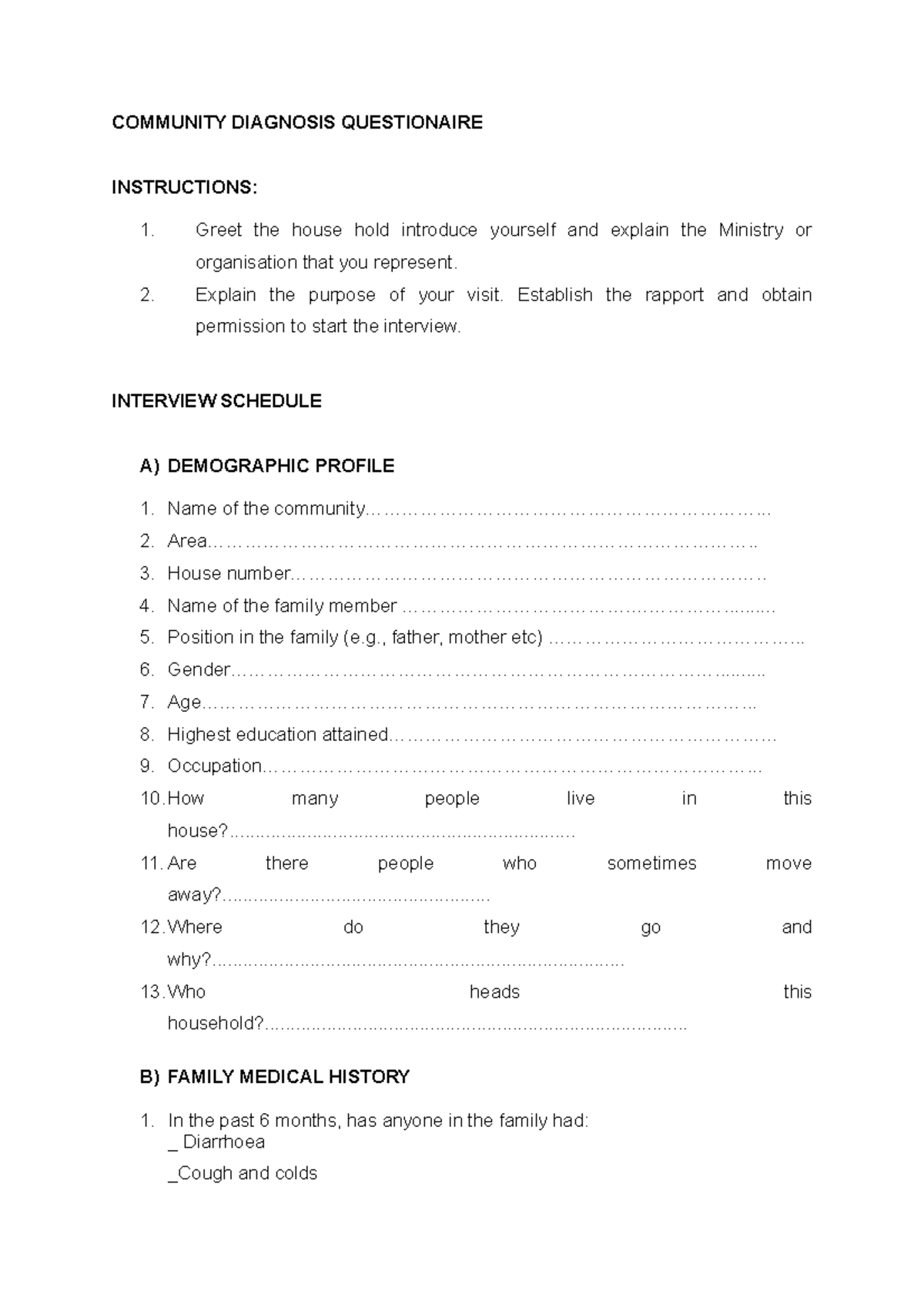 Community Health Diagnosis Questionnaire Guide - Studocu