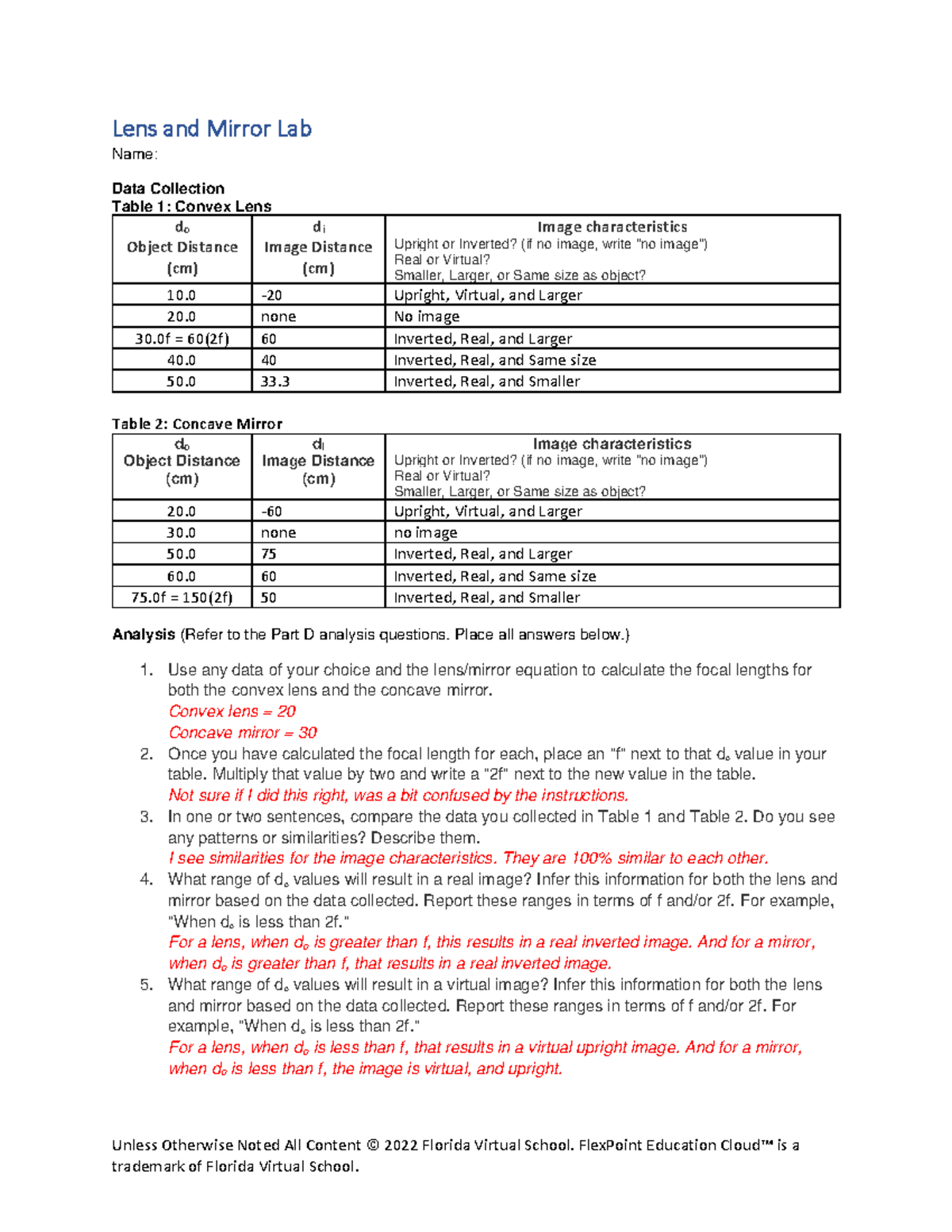 5.06 Lens & Mirror Lab: Analyzing Image Characteristics and Focal ...
