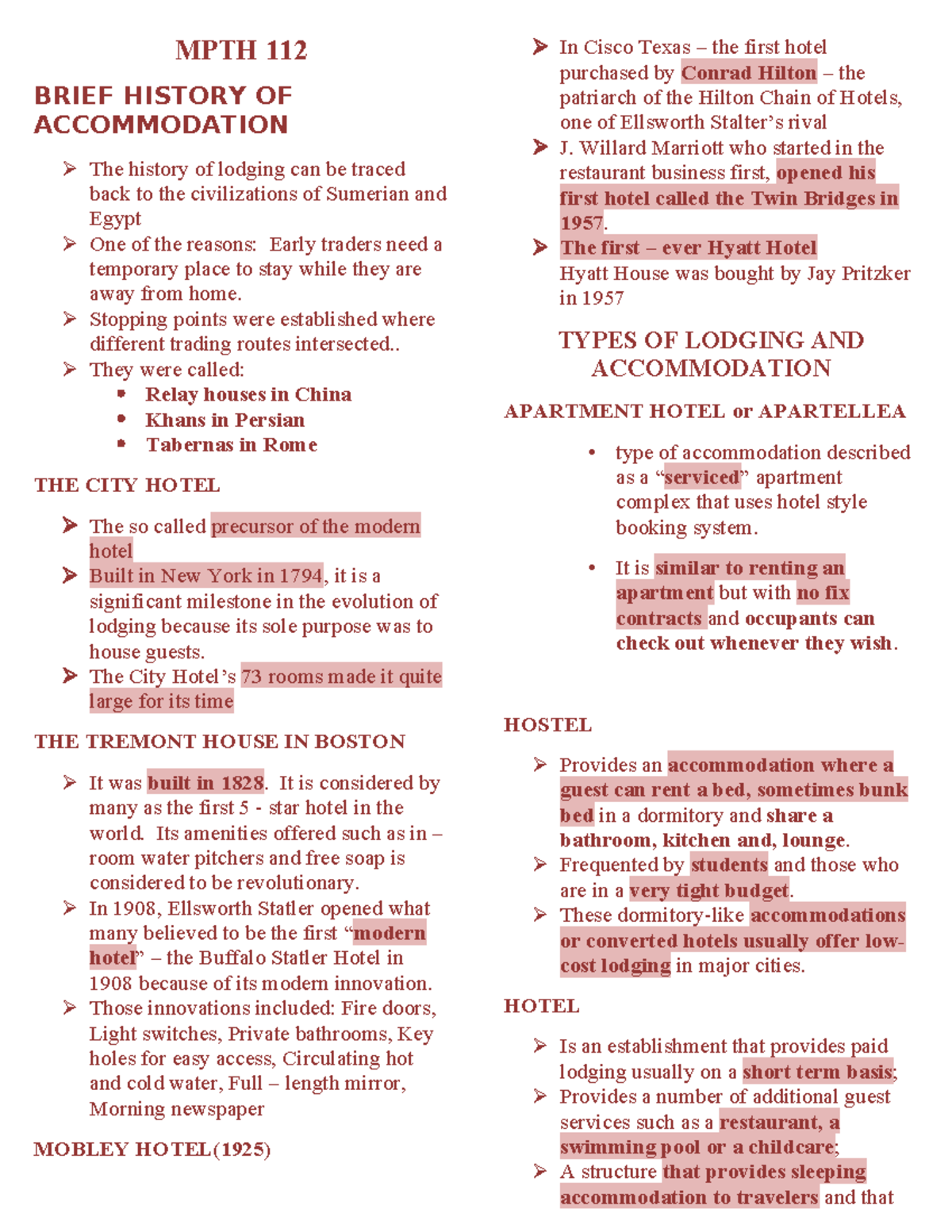 MPTH 112 - A Comprehensive History of Lodging and Accommodation - Studocu