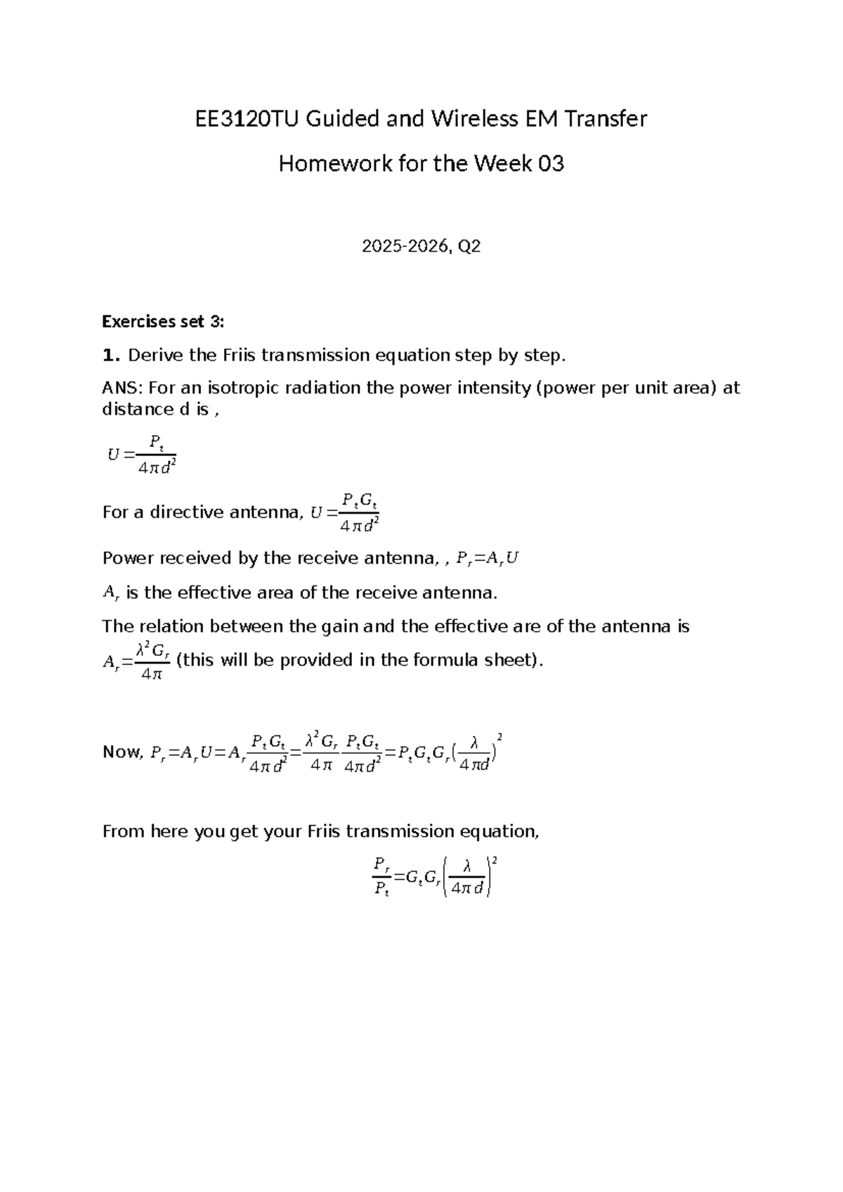 EE3120TU Week 03 Homework: Friis Transmission Equation Derivation ...