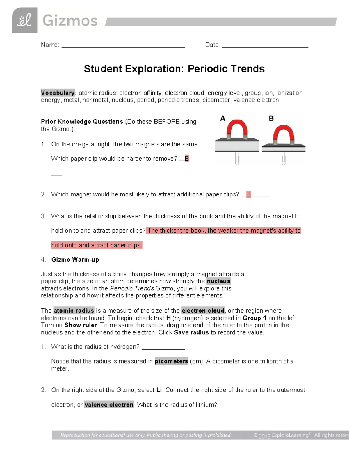 Periodic Trends SE - Needed with assignment - Name: Date: Student ...