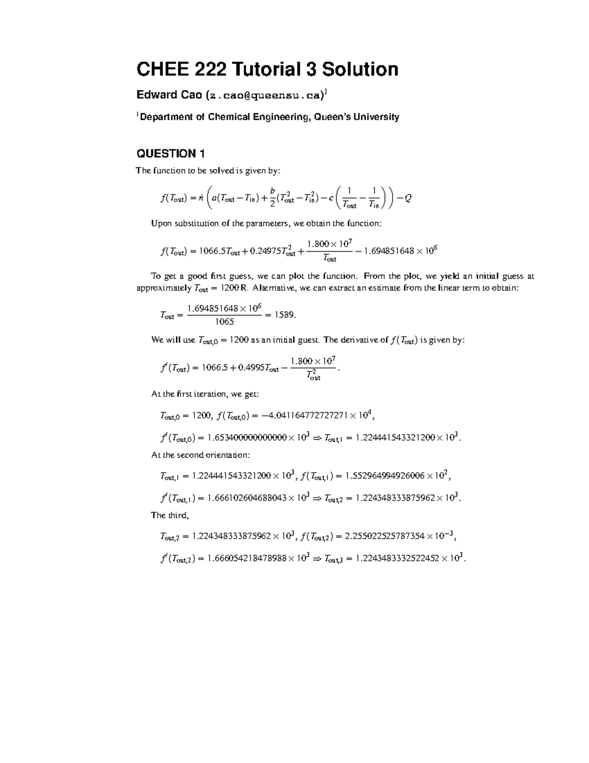 CHEE Tutorial 3 Solutions: Nonlinear Equations and Methods - Studocu