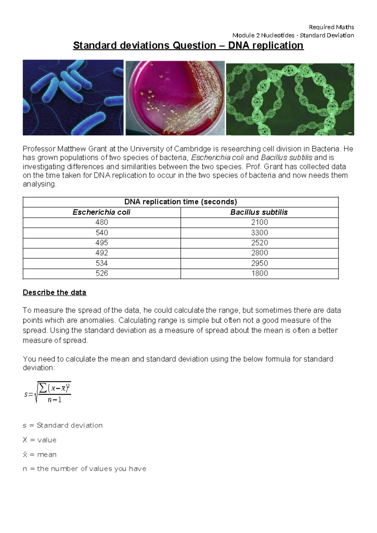 Maths Module 2: Standard Deviation & DNA Replication Analysis - Studocu