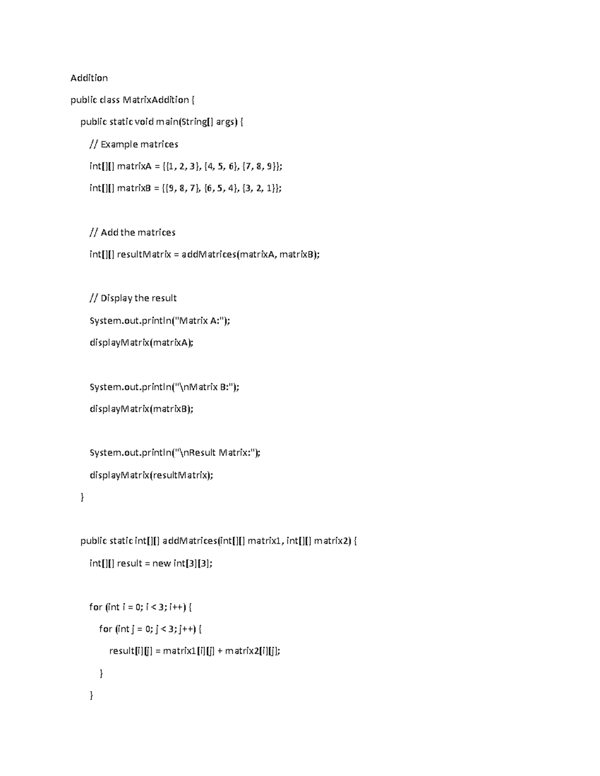 Java Programming: Matrix Addition, Multiplication, & Division Methods - Studocu
