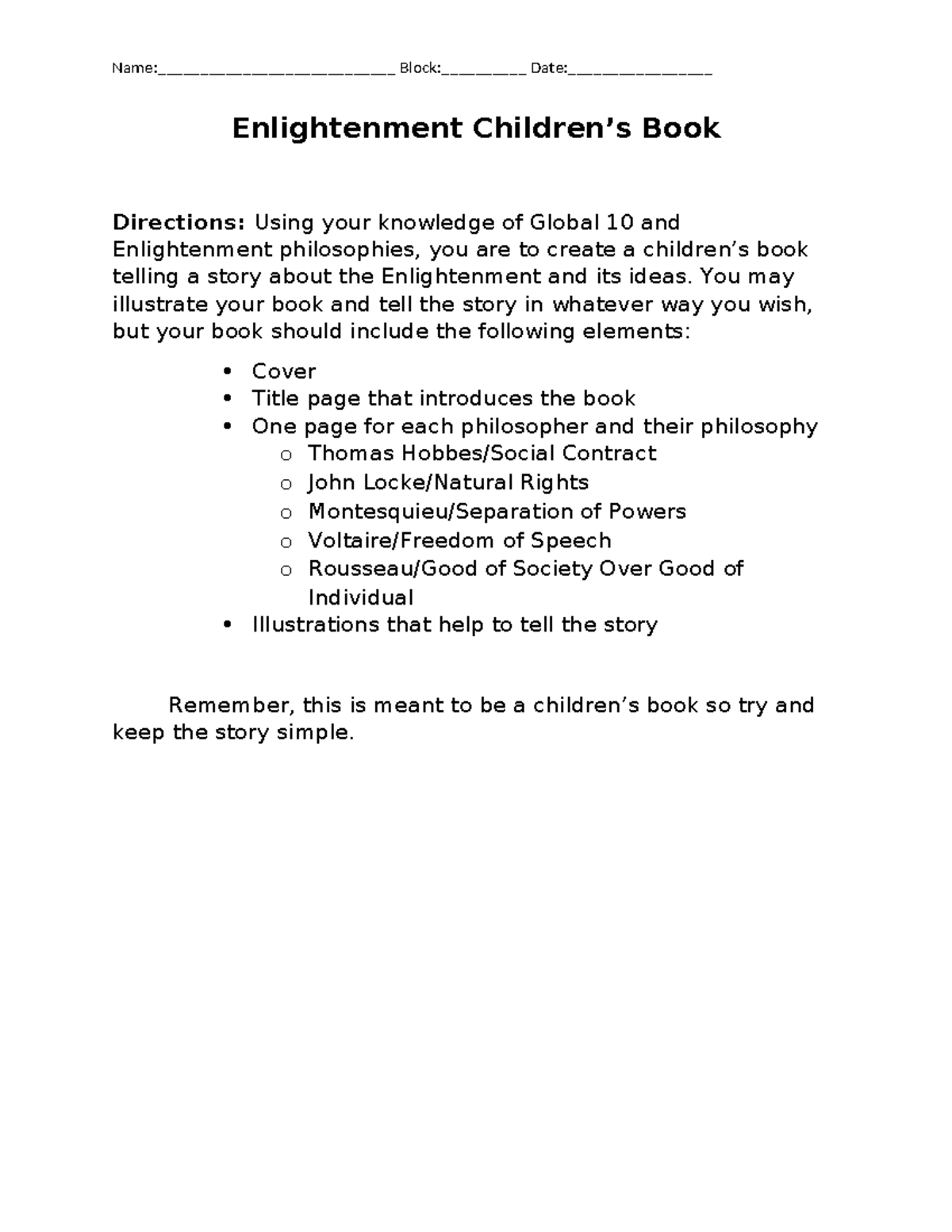 Global 10: Enlightenment Children's Book Project Guidelines - Studocu
