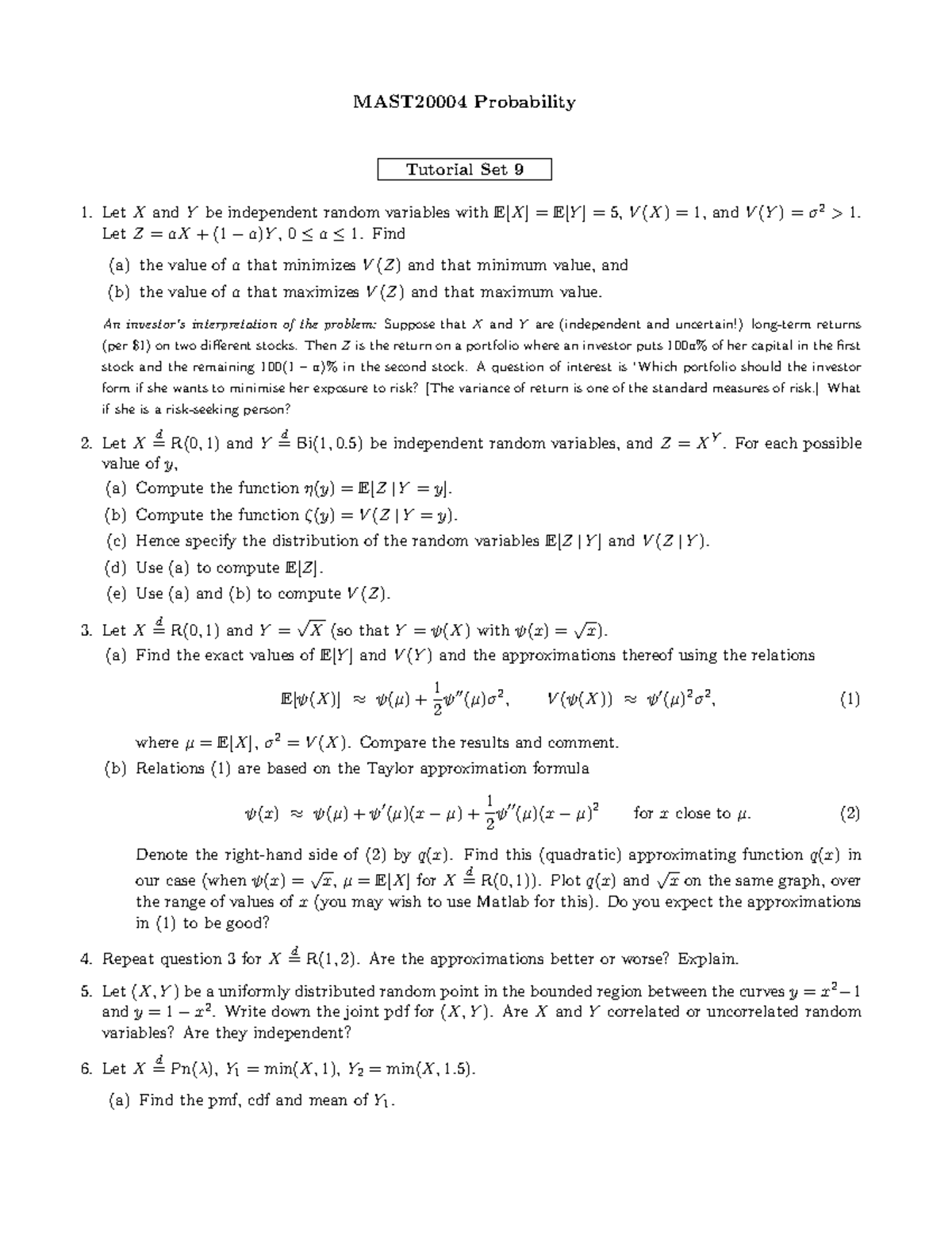 Tutorial 9 Questions 2020 S2 - MAST20004 Probability Tutorial Set 9 ...