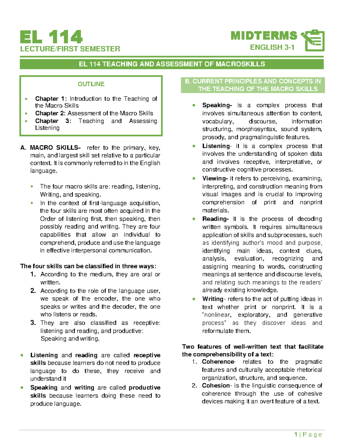 EL 114 Midterm Examination Reviewer - A. MACRO SKILLS- refer to the primary, key, main, and ...