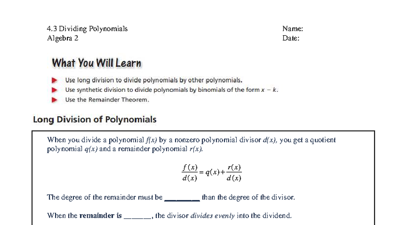 Algebra 2: Dividing Polynomials - Lesson 4.3 Notes - Studocu