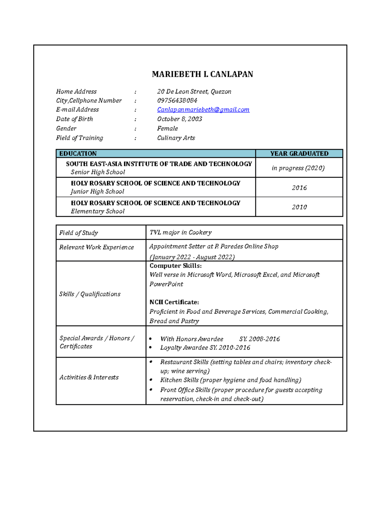 Editable Resume Sample Format for Culinary Arts Trainees - Studocu