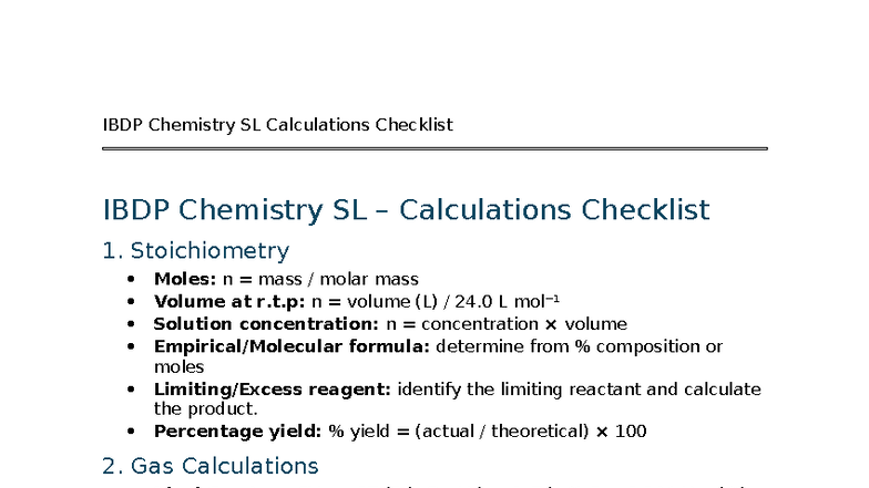 Ibdp Chemistry Sl Calculations - IBDP Chemistry SL Calculations ...