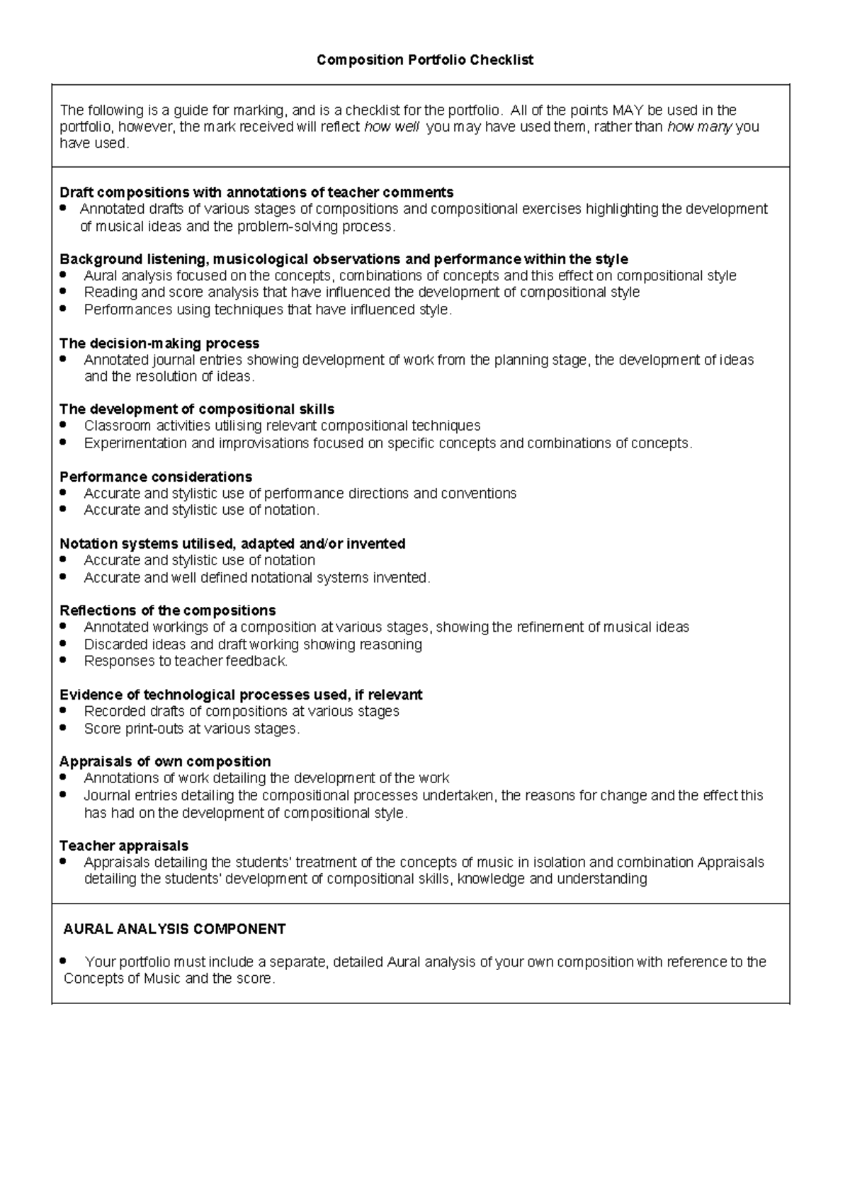 Composition Portfolio Checklist: A Guide for Marking and Development ...