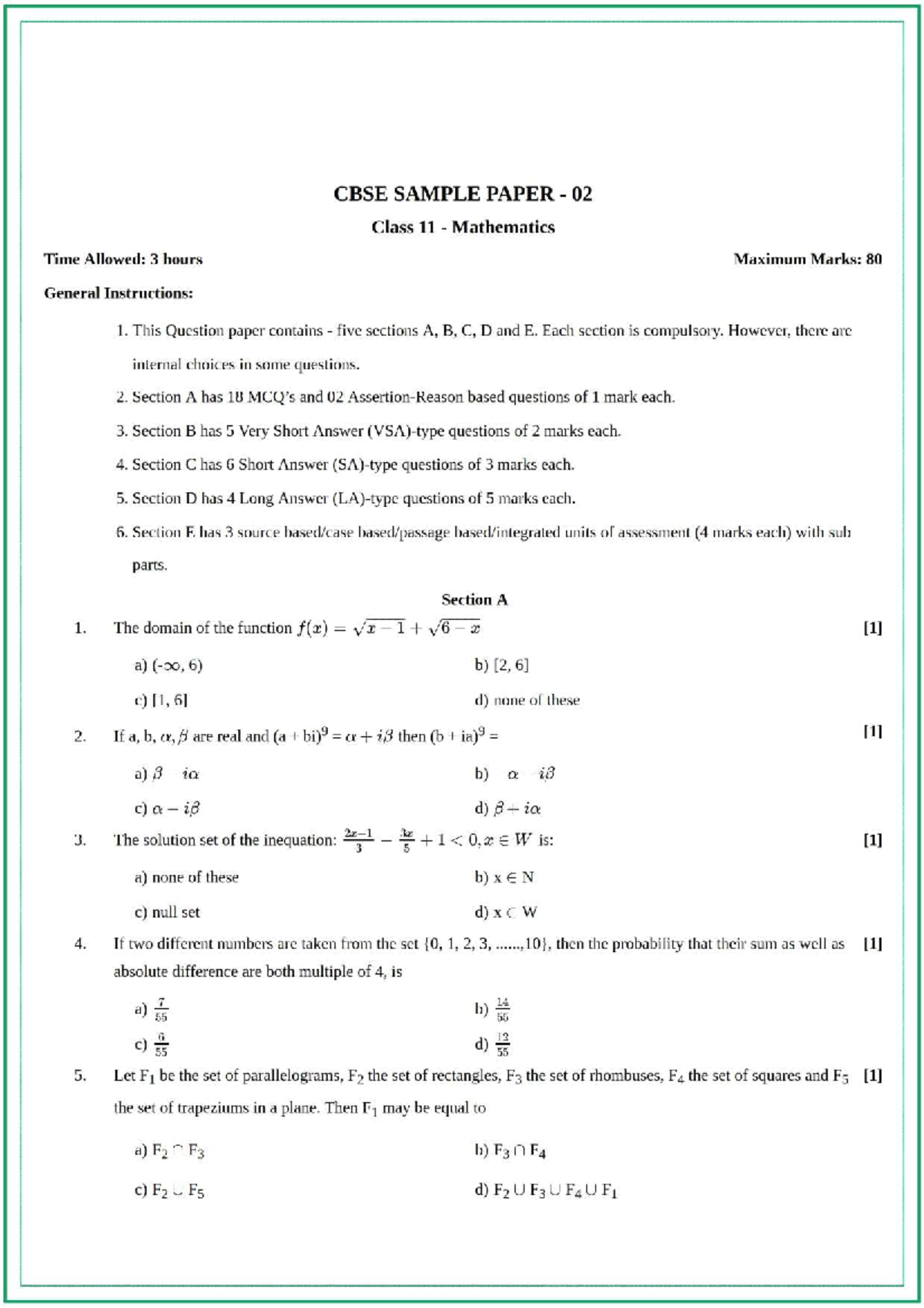CBSE Class 11 Mathematics Sample Paper 02 - Important Questions - Studocu