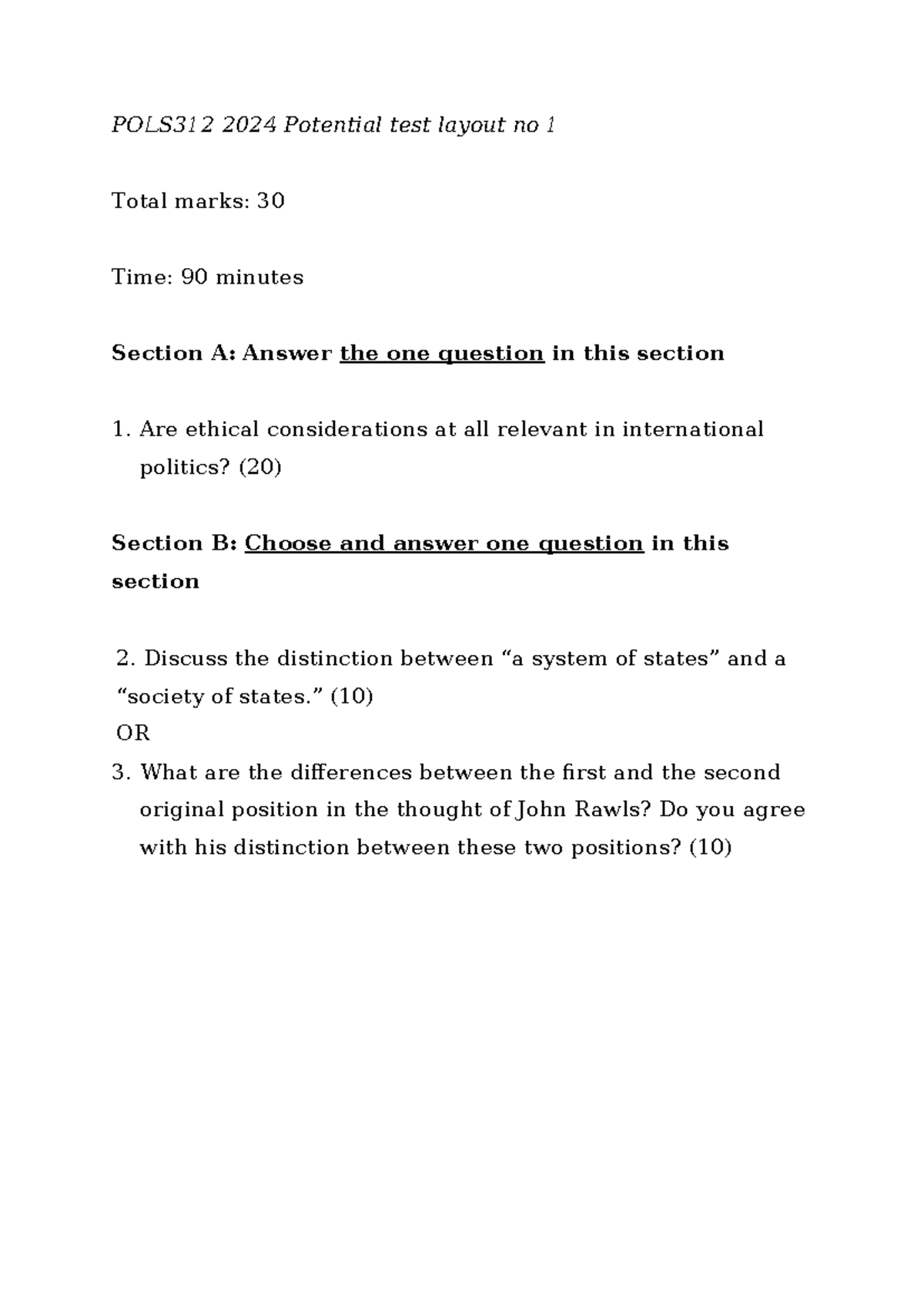 POLS312 2024 Test Layout 1: Ethical Considerations in Intl Politics ...
