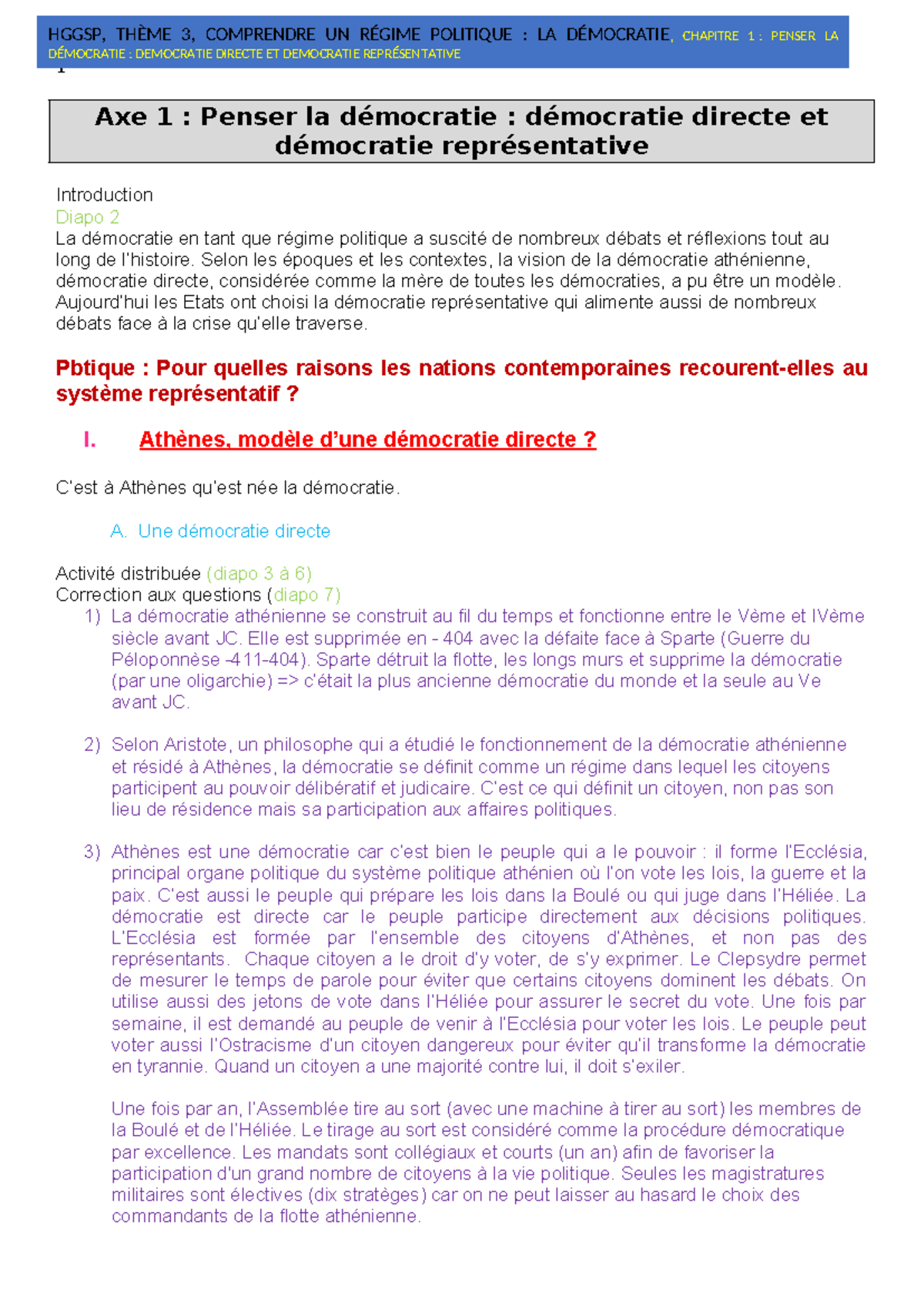 HGGSP, THÈME 3 : COMPRENDRE LA DÉMOCRATIE - CHAPITRE 1 : PENSER LA ...