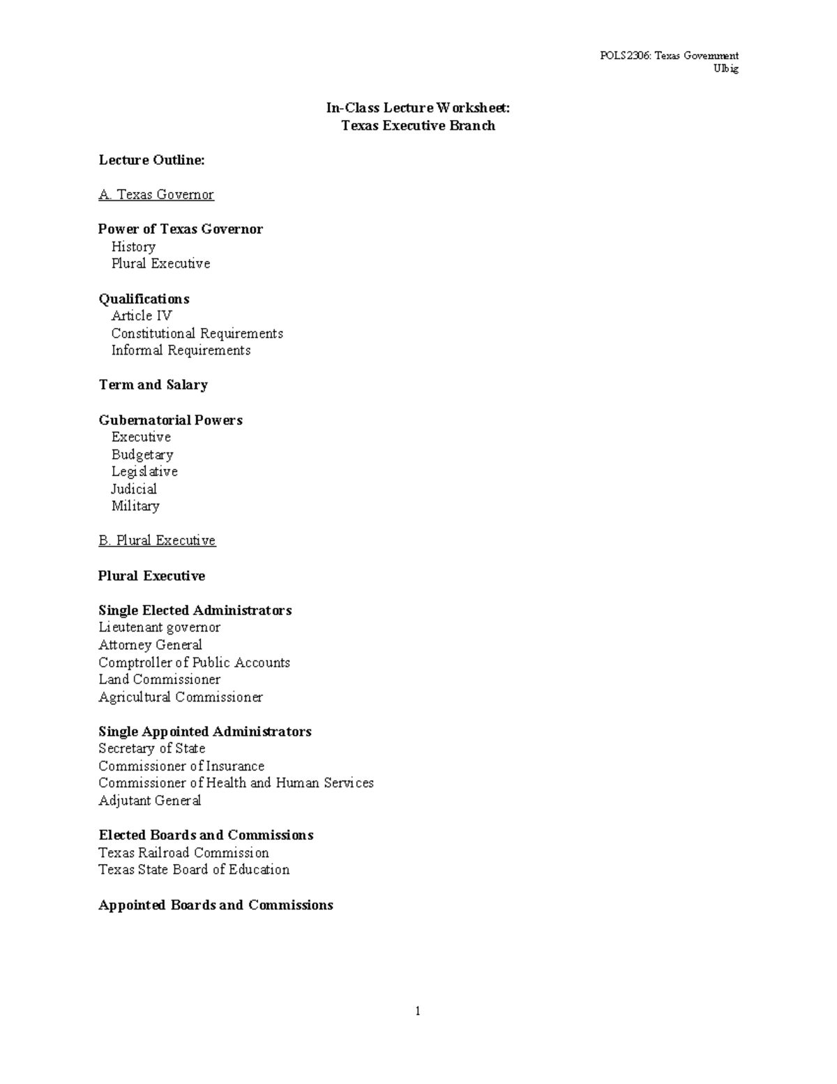 POLS2306: Texas Government Ulbig In-Class Lecture Worksheet on ...