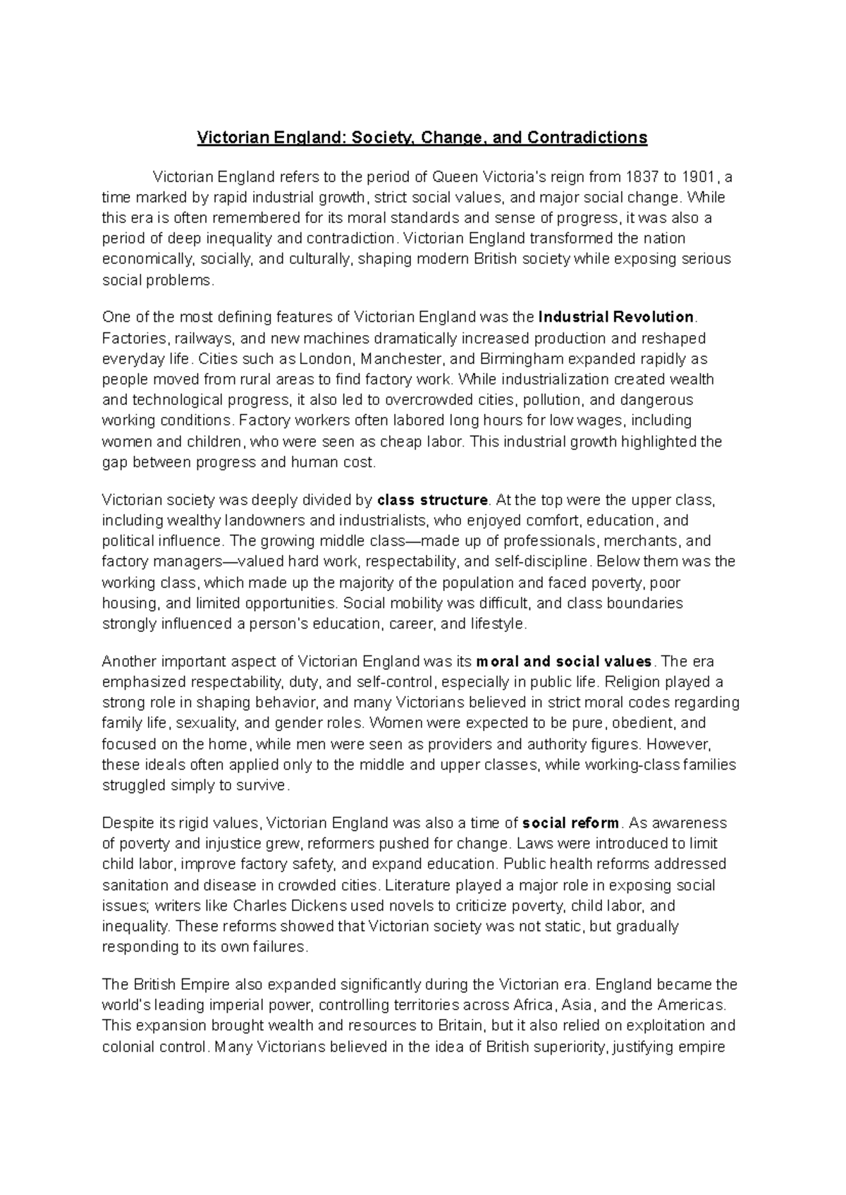Victorian England Essay (HST): Society, Change, and Contradictions ...