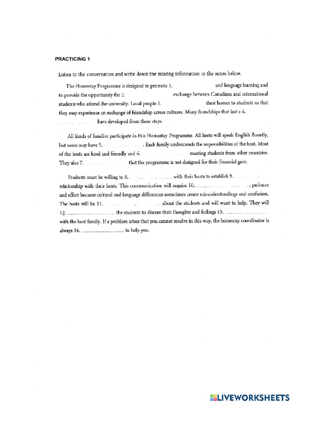 Worksheet 2037399 - Homestay Programme Listening Exercise - Studocu