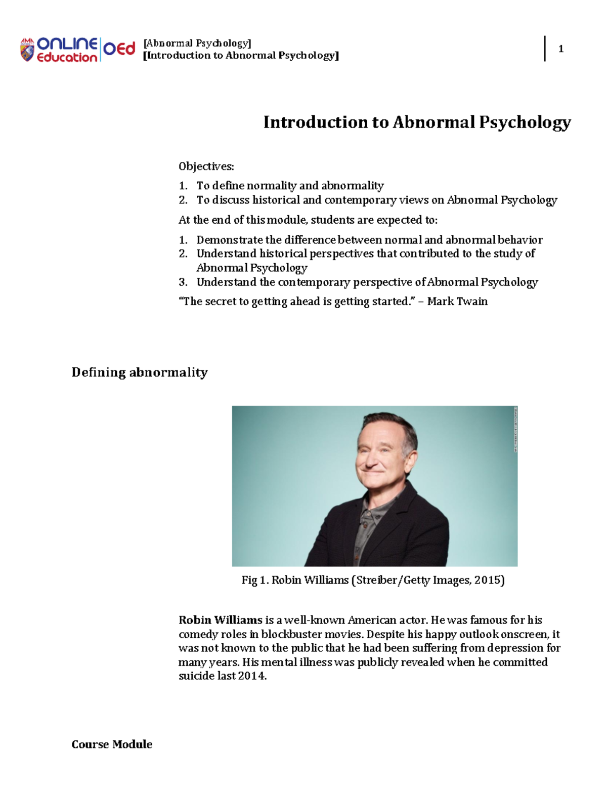 Module 1 - Introduction to Abnormal Psychology: Key Concepts ...