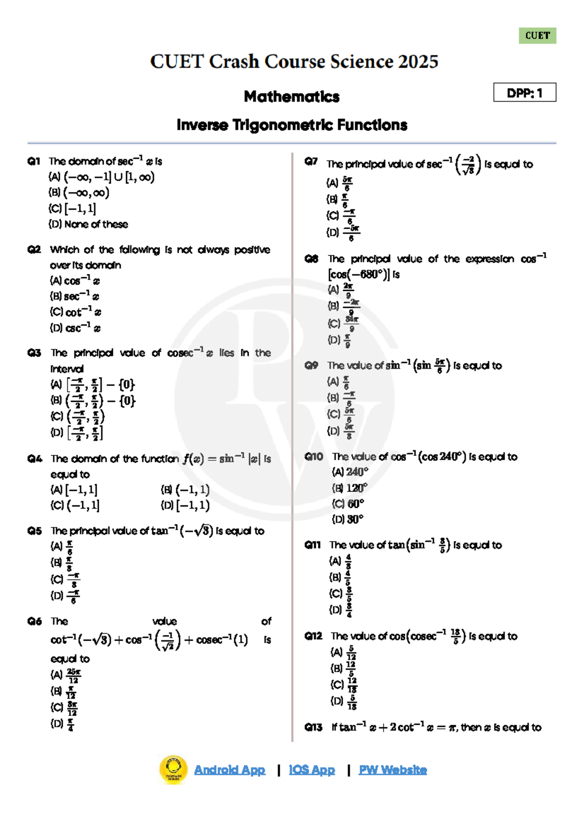 CUET 2024 Science Crash Course DPP: Inverse Trigonometric Functions - Studocu