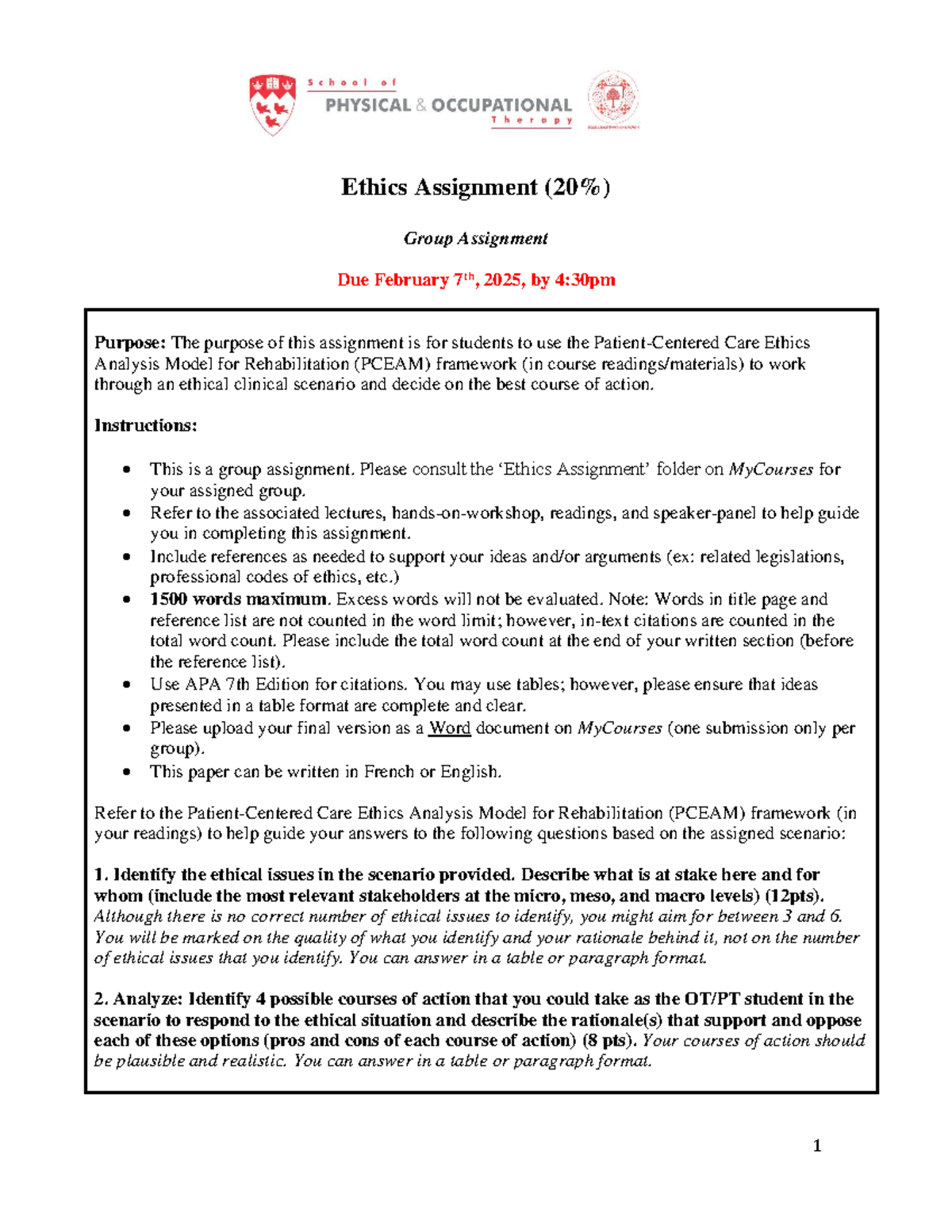 Ethics Assignment (PCEAM) - Group Work Due Feb 7, 2025 - Studocu
