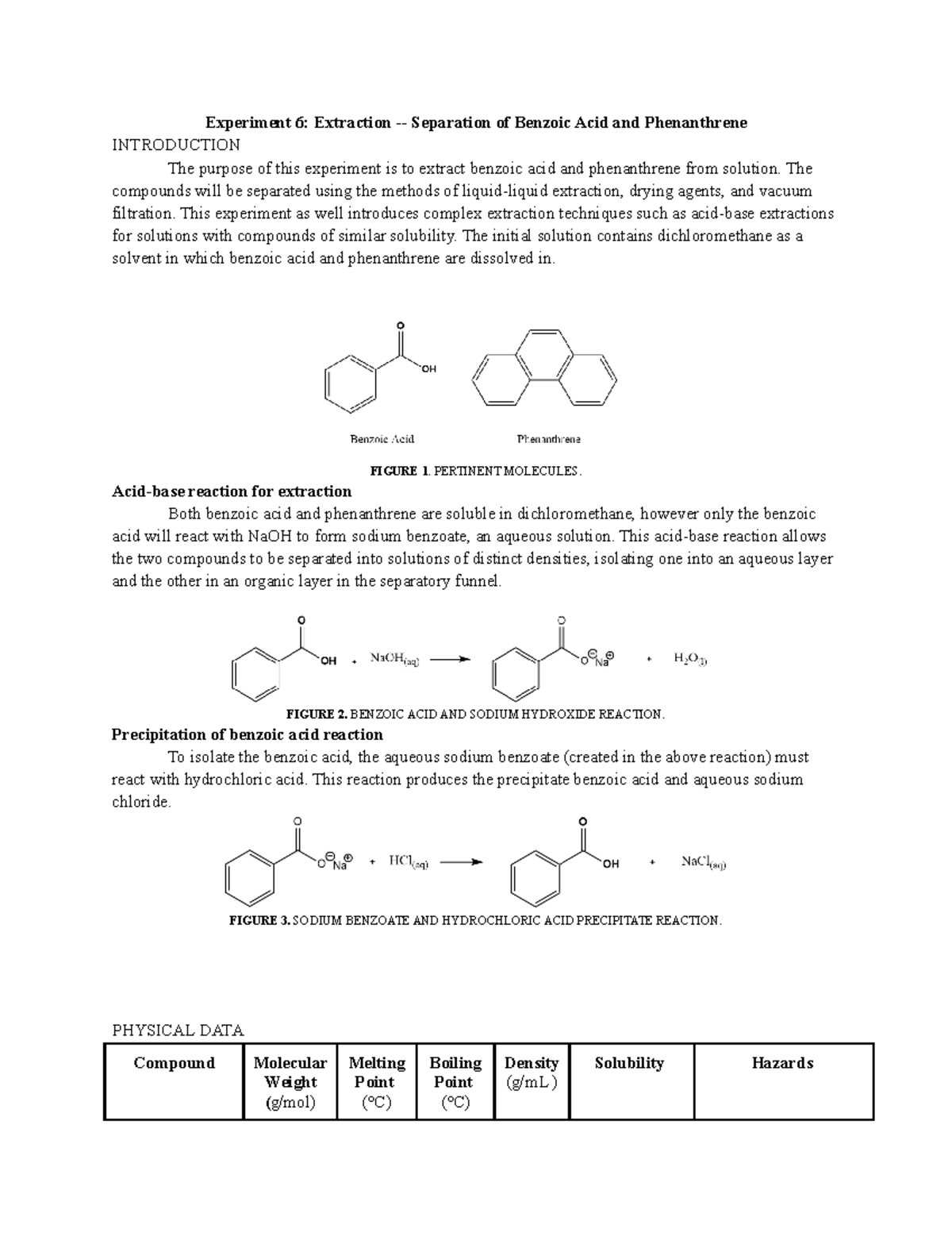 Experiment 6 - Extraction and Separation of Benzoic Acid & Phenanthrene - Studocu