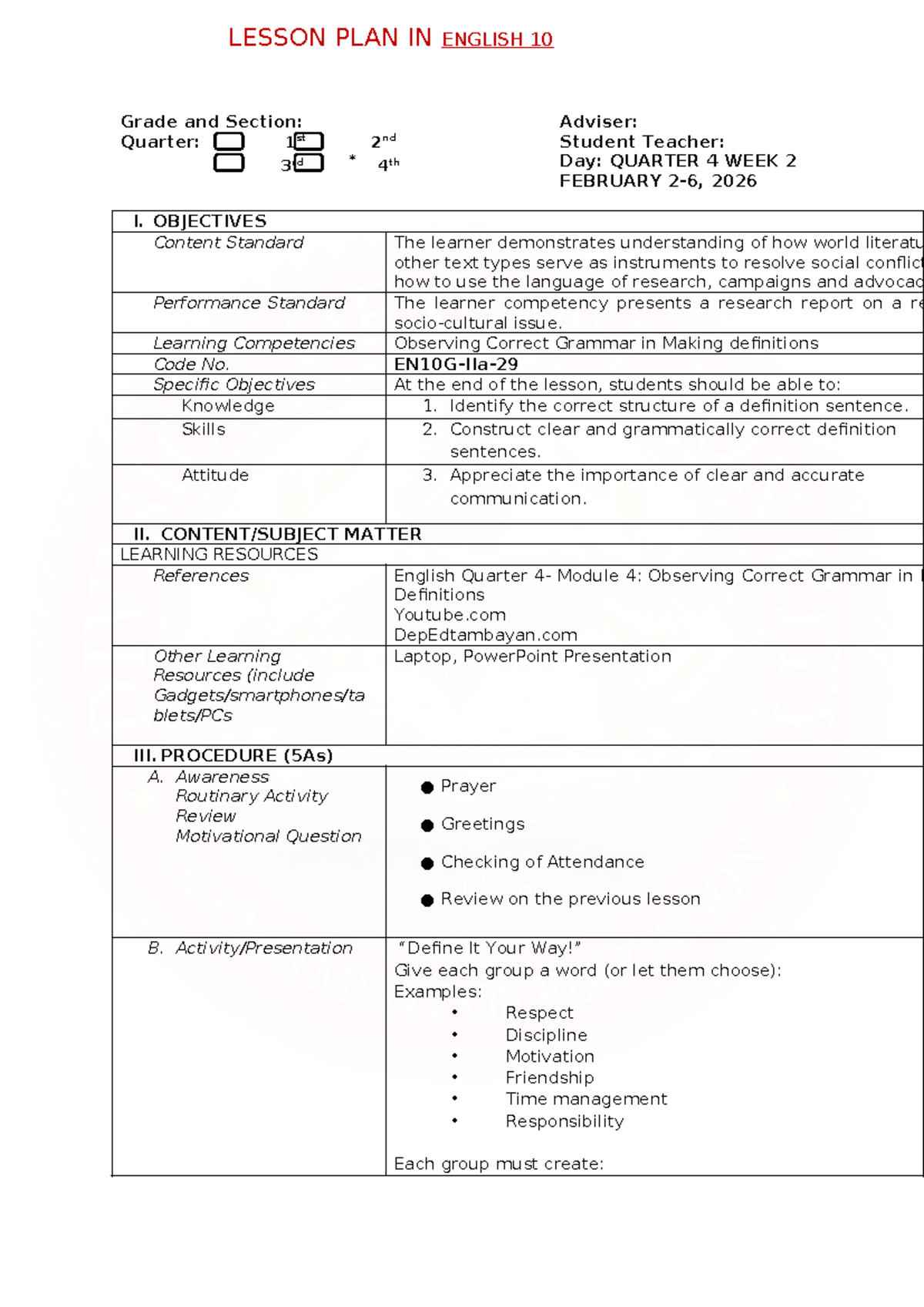 LESSON PLAN IN ENGLISH 10: WEEK 2, QUARTER 1 - FEBRUARY 2026 - Studocu