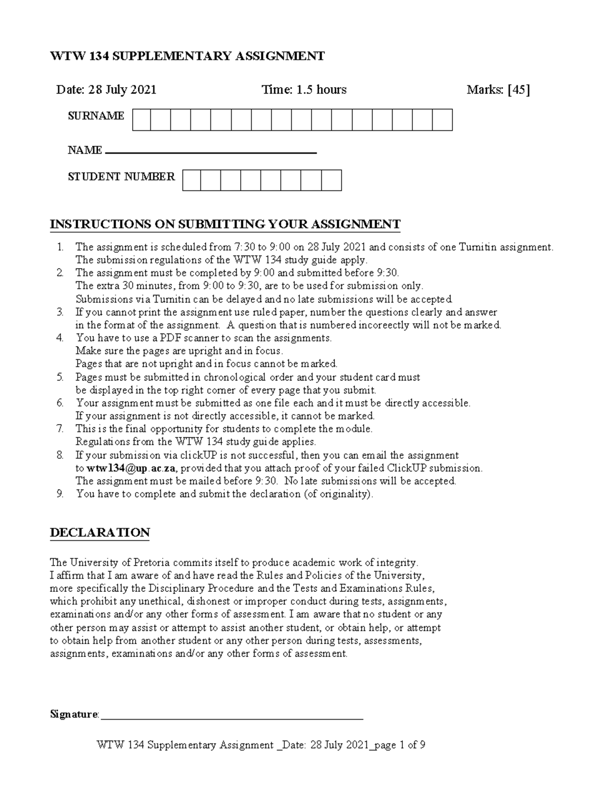 WTW134 Supplementary Assignment Instructions & Guidelines 2021 - Studocu