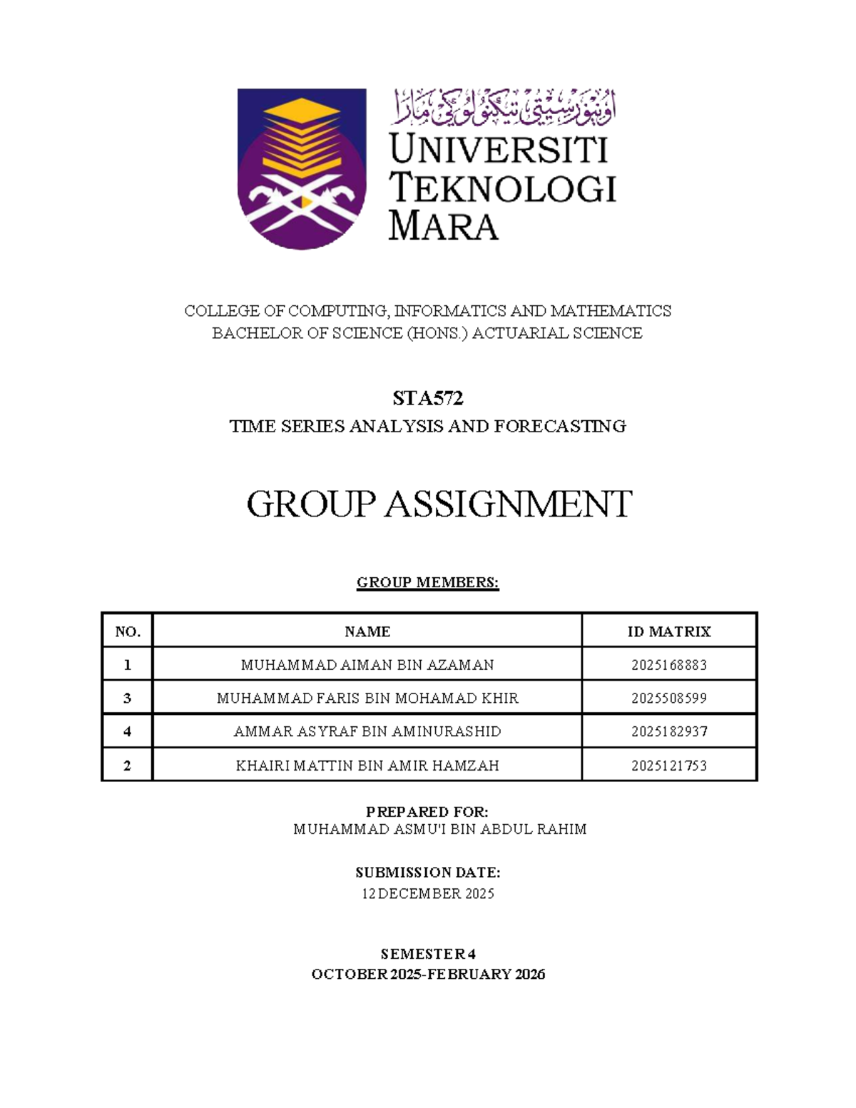 STA572 Time Series Analysis & Forecasting Group Assignment Report - Studocu