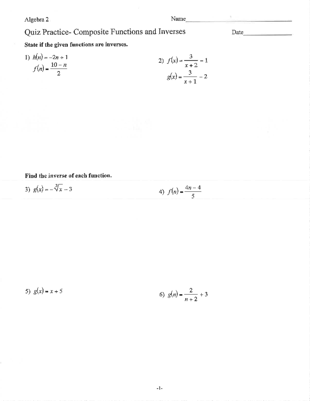 Day 14 Composite.Inverse Review with Solutions - Algebra 2 Name Quiz ...