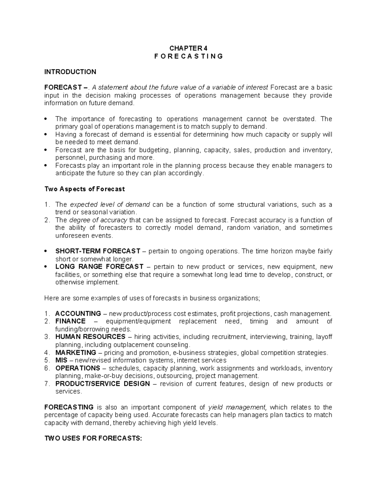Forecasting Operation Management and TQM - CHAPTER 4 F O R E C A S T I ...