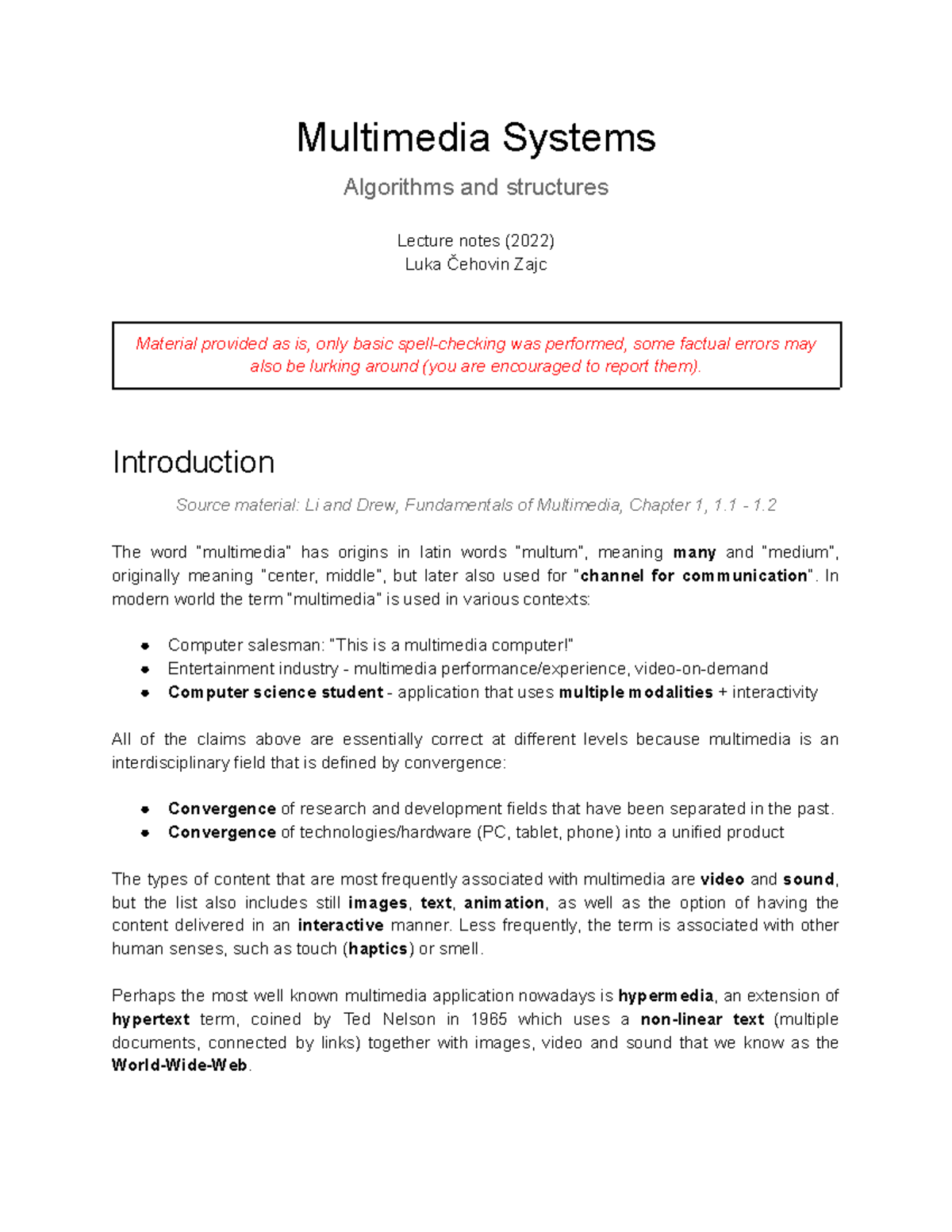 Multimedia Systems - Lecture Notes on Algorithms and Image Processing ...