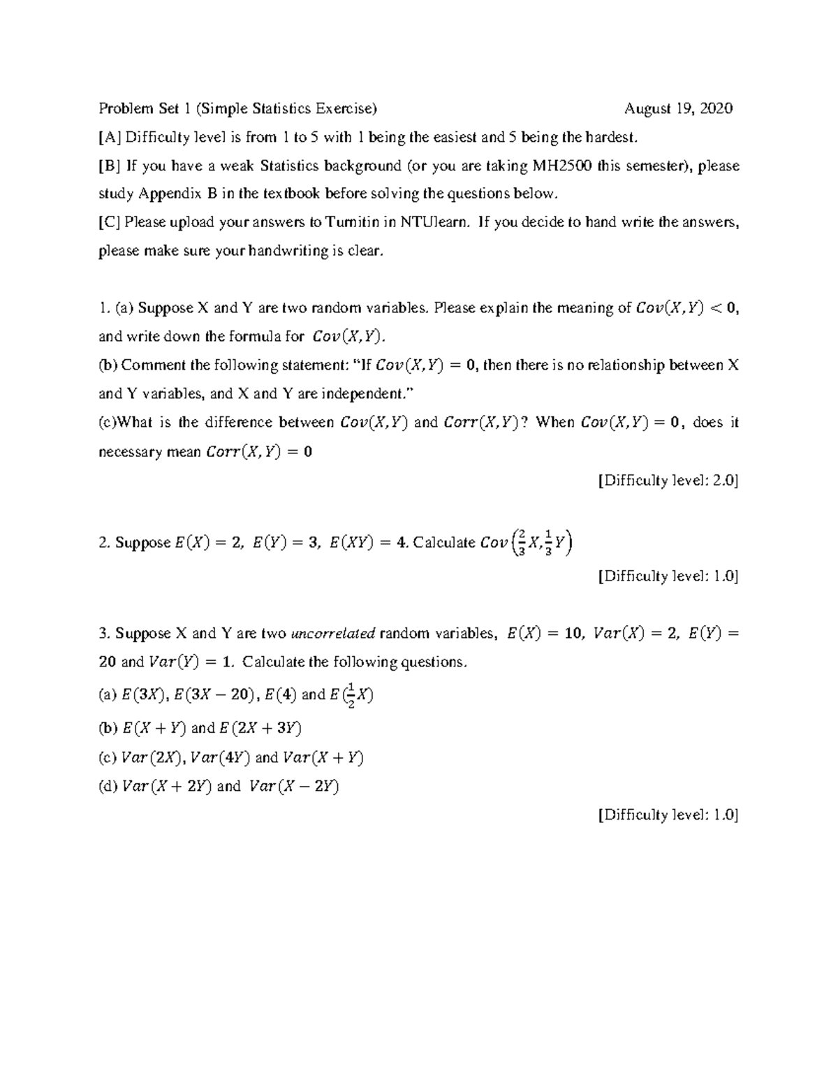 Problem Set 1 - Tutorial questions - Problem Set 1 (Simple Statistics ...