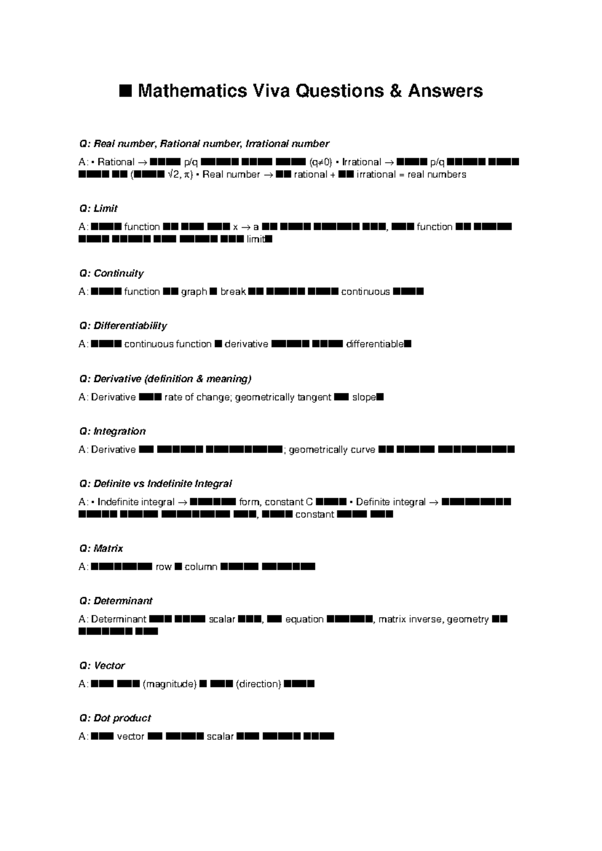 Mathematics Viva Questions & Answers - Key Concepts and Definitions - Studocu