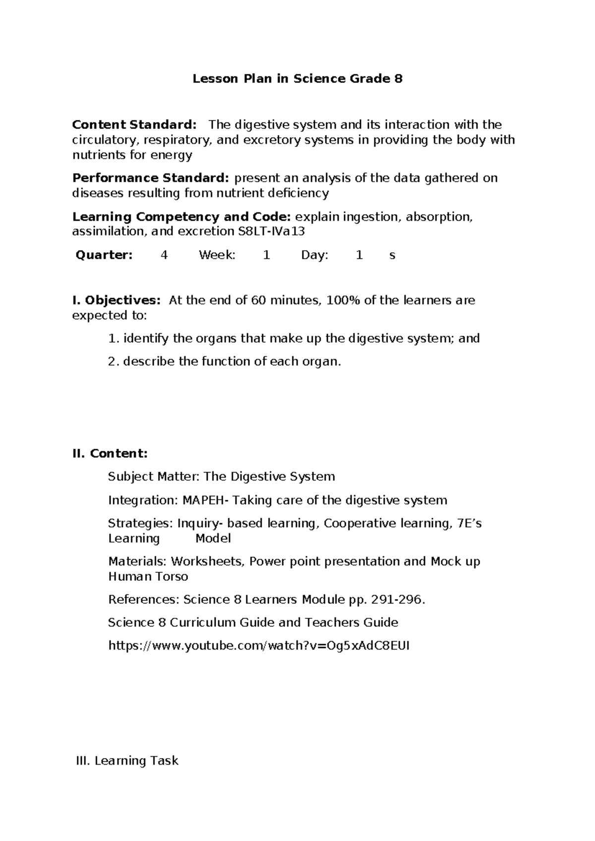 Grade 8 Science Lesson Plan on the Digestive System (S8LT-IVa) - Studocu