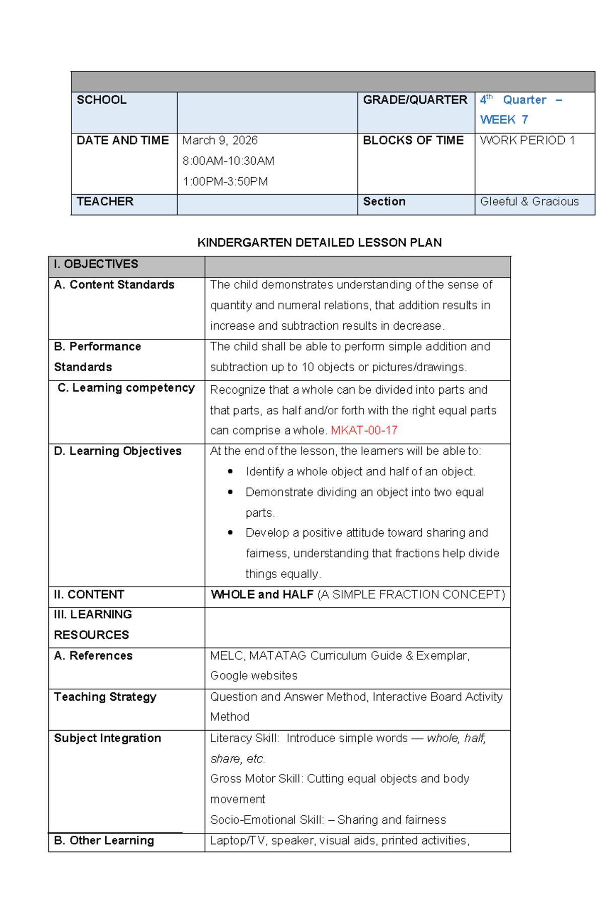 KINDERGARTEN Lesson Plan: Understanding Whole and Half Concepts - Studocu