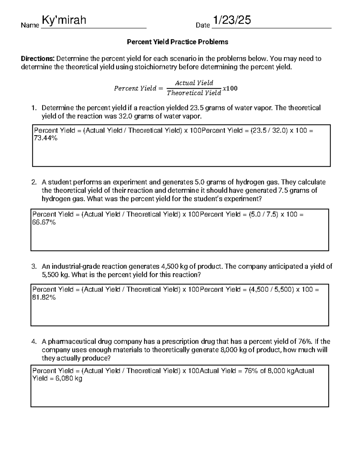 Percent Yield Practice Problems - Chemistry Exercises - Studocu