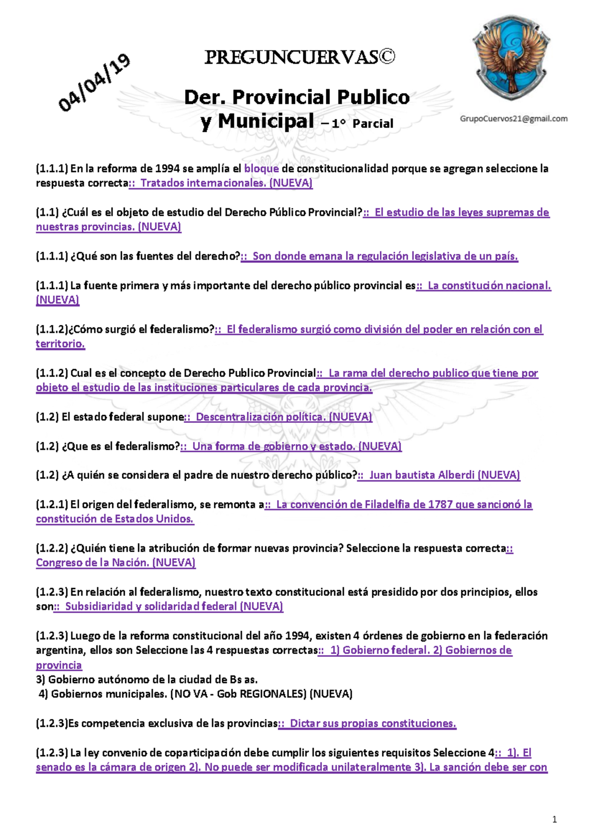 Preguntas y Respuestas - Derecho Público Provincial (PPy M 1 Parcial ...