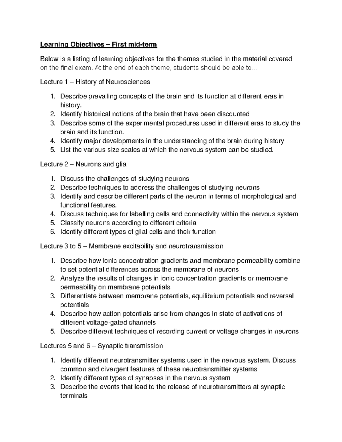 Learning Objectives for Neuroscience - First Midterm Exam - Studocu