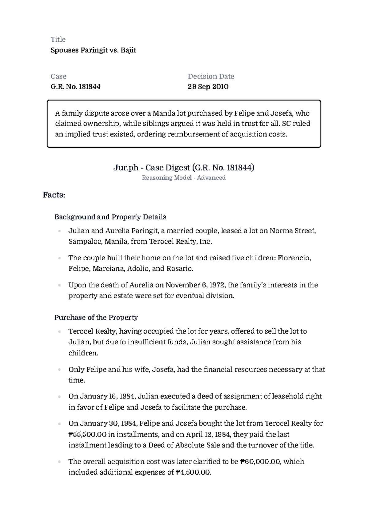 Spouses Paringit vs. Bajit case digest (G.R. No. 181844) and decision ...