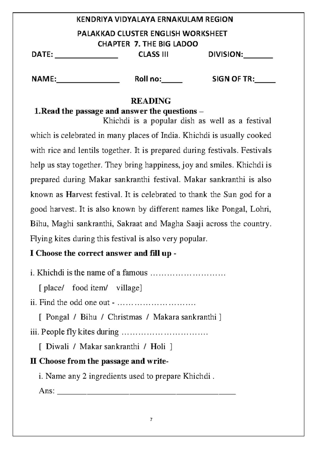 KENDRIYA VIDYALAYA ERNAKULAM REGION PALAKKAD CLUSTER ENGLISH WORKSHEET ...