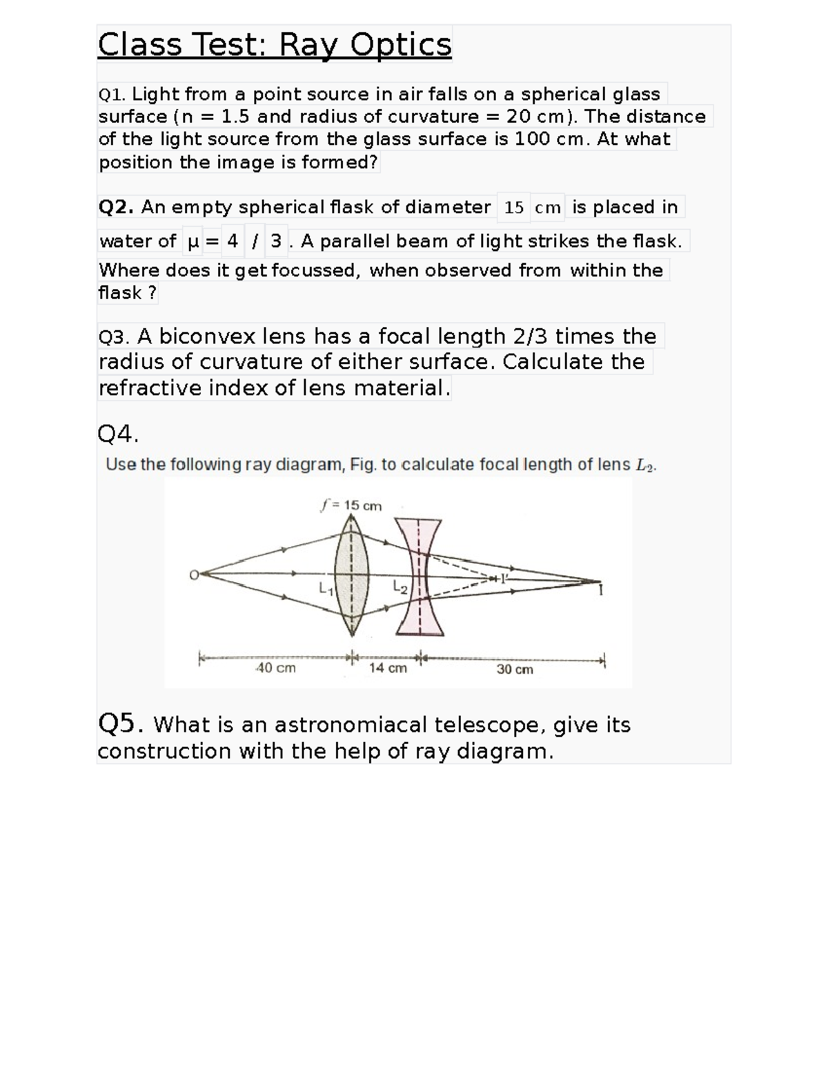 Class Test - Ray Optics (PHYS 101) Questions and Solutions - Studocu