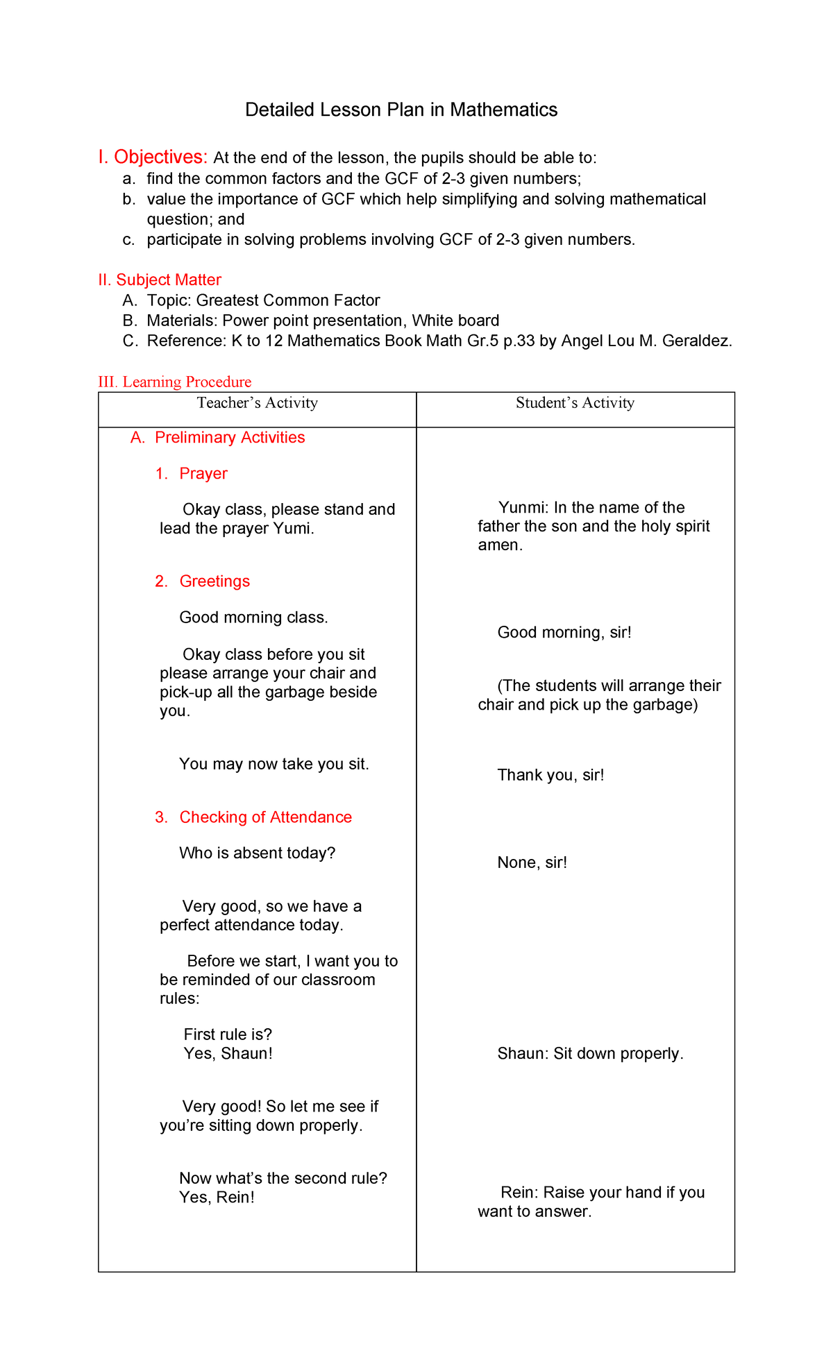 DLP MATH - Detailed Lesson Plan on Greatest Common Factor - Studocu