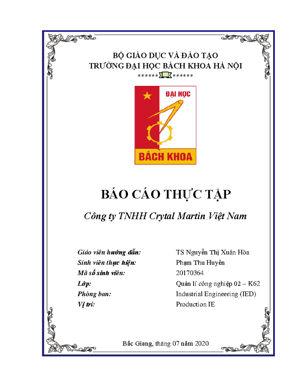 Báo Cáo Thực Tập Công Ty TNHH Crystal Martin - IED K62 - Studocu