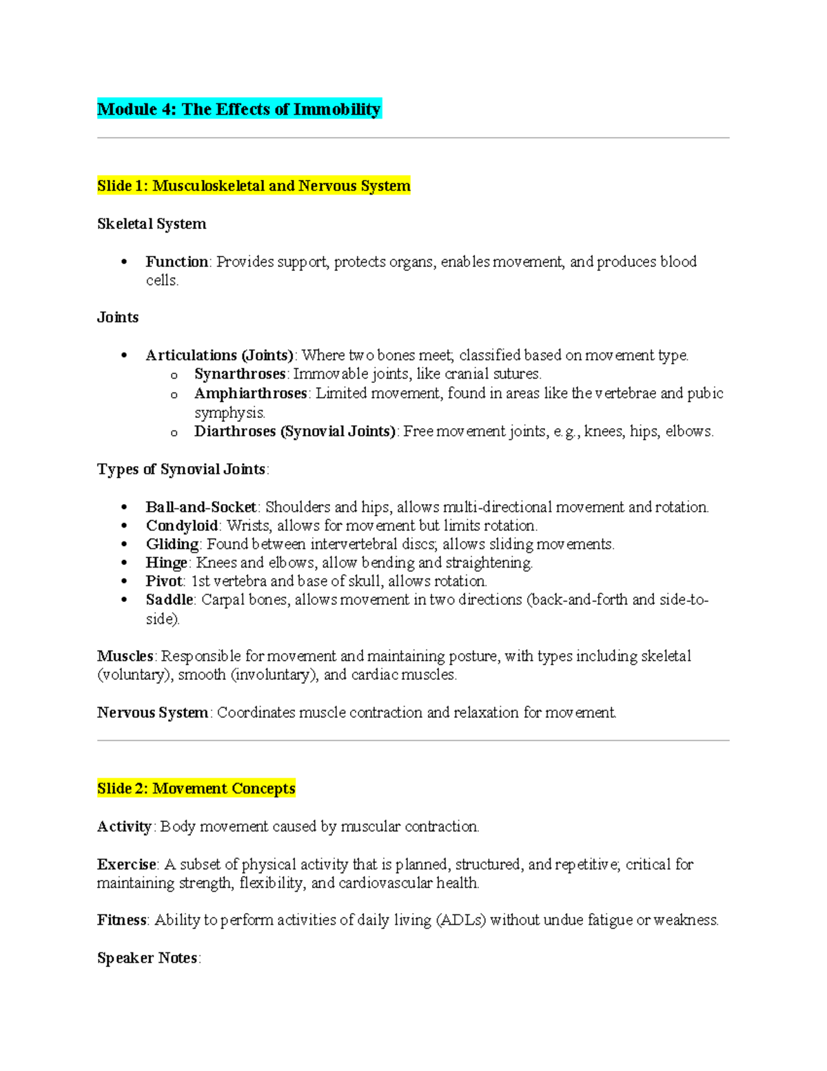 Module 4, 5, 6, 7 Study Notes on Immobility & Musculoskeletal System ...