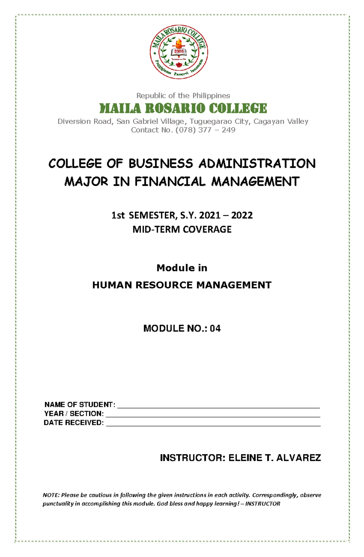 HRM module-1 - Module 1 - COLLEGE OF BUSINESS ADMINISTRATION MAJOR IN ...