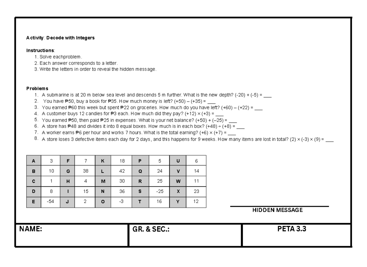 Activity: Decode Hidden Message with Integers - PETA 3.3 - Studocu